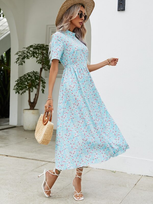 SHEIN VCAY Ditsy Floral Print Mock Neck Dress | SHEIN UK