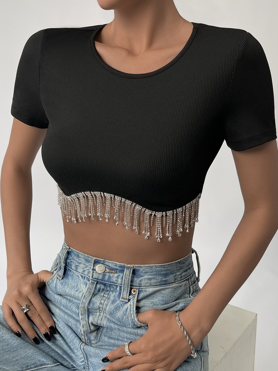 SHEIN BAE Rhinestone Fringe Hem Crop Top | SHEIN USA