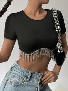 SHEIN BAE Rhinestone Fringe Hem Crop Top | SHEIN USA