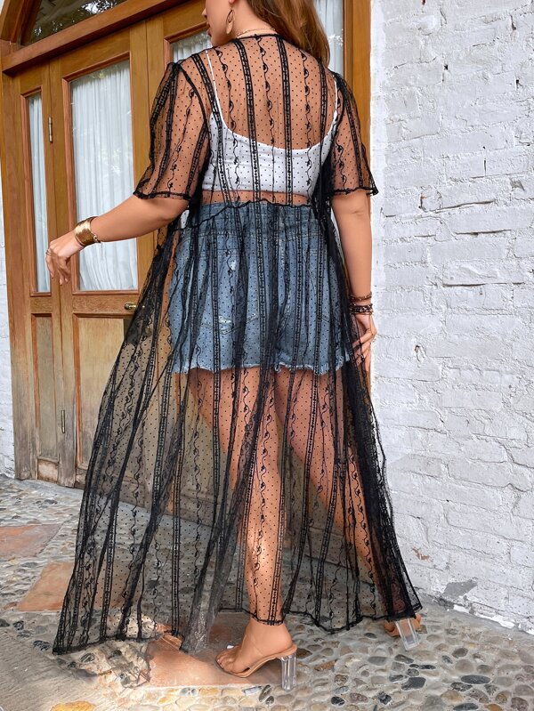 Plus Sheer Mesh Open Front Kimono | SHEIN USA