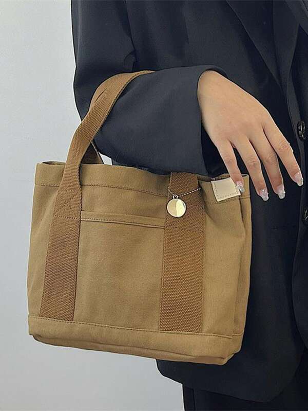 Simple Canvas Tote Bag, Women's Trendy Solid Color Handbag Casual Large Bookbag For Students ...