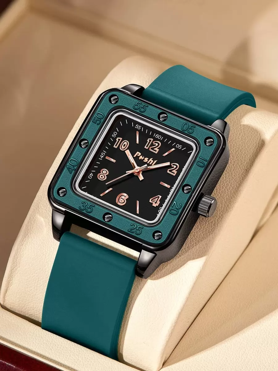 Poshi 1pc Women Casual Square Quartz Watch With Soft Silicone Strap ...