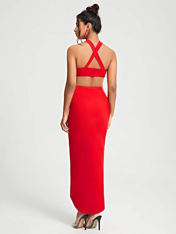 FURNANDA Solid Crop Halter Top & Drawstring Split Thigh Skirt | SHEIN USA