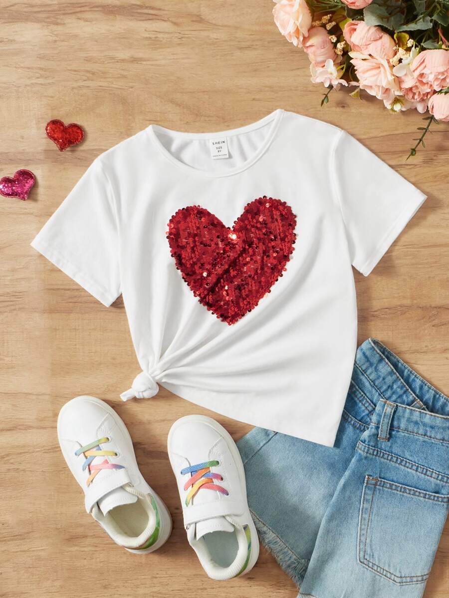 SHEIN Tween Girls' Harajuku Style Love Embellished Short Sleeve T-Shirt ...