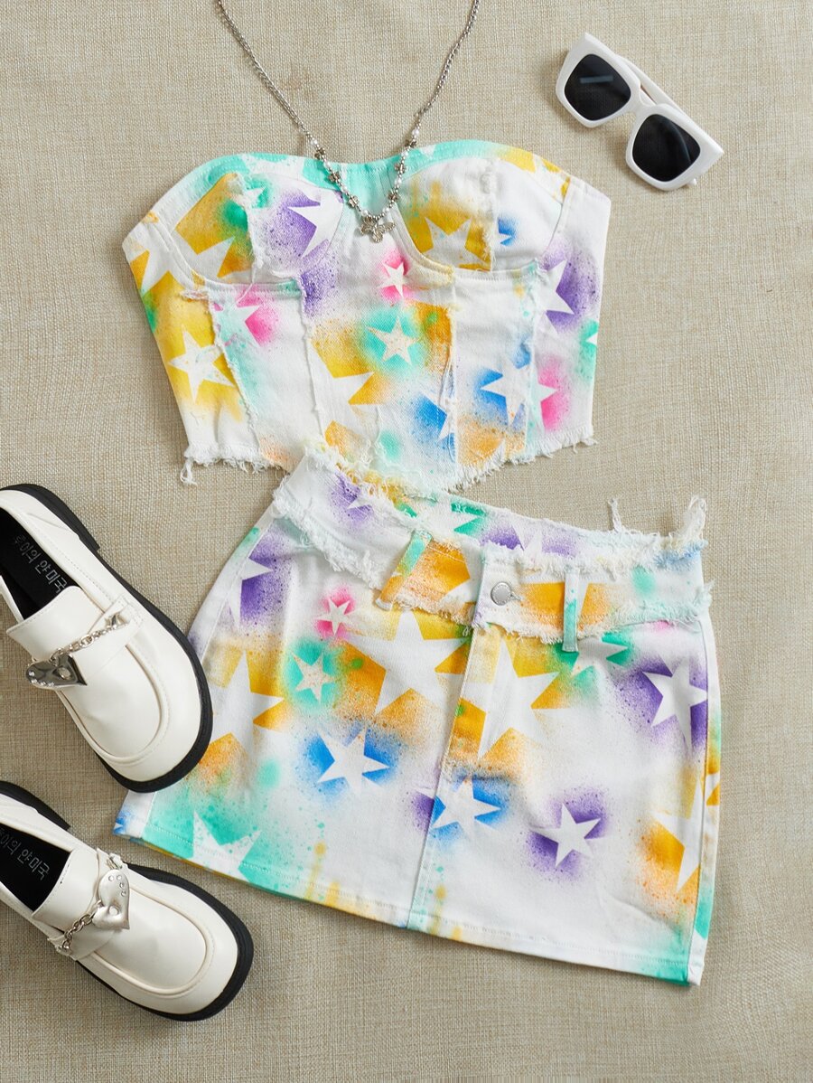 Shein Ezwear Star Print Bandana Hem Denim Tube Top And Skirt Shein Usa