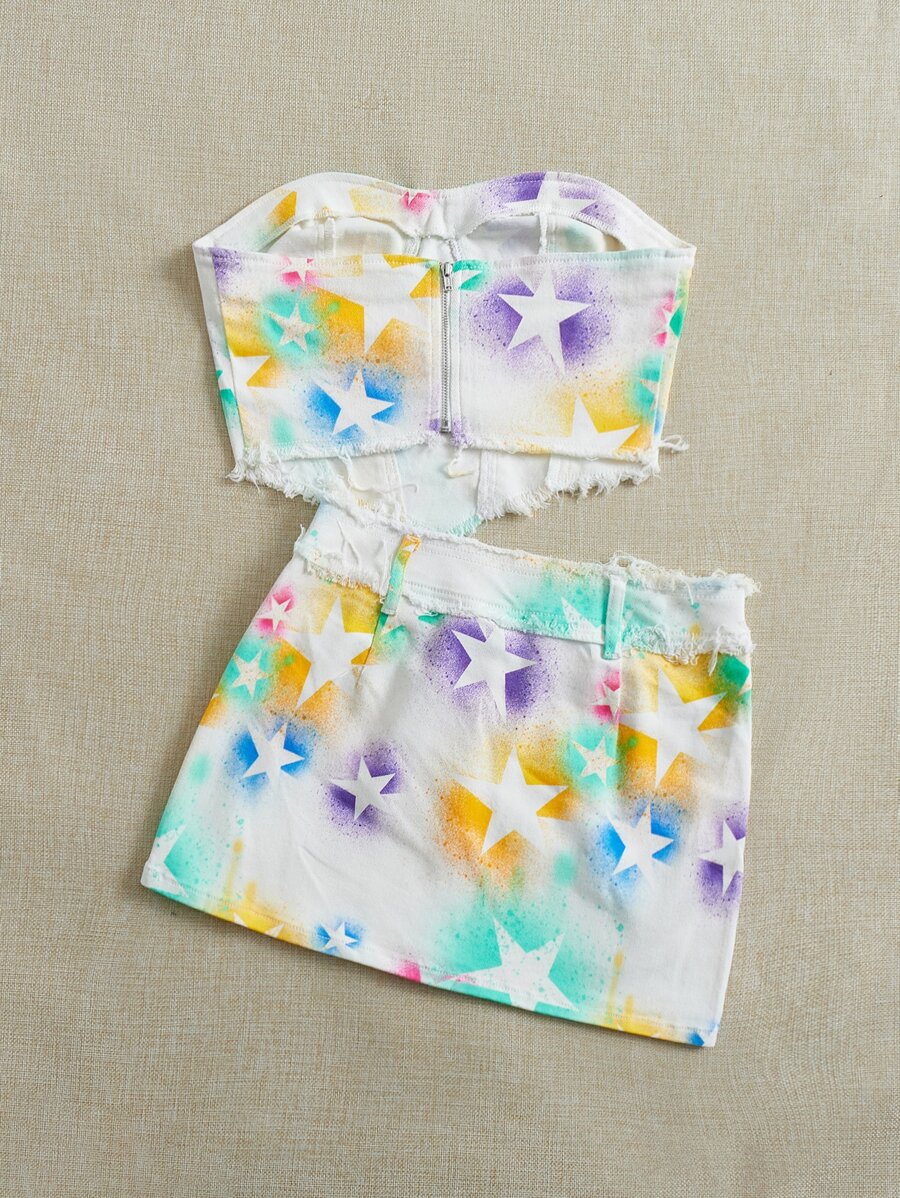 Shein Ezwear Star Print Bandana Hem Denim Tube Top And Skirt Shein Usa