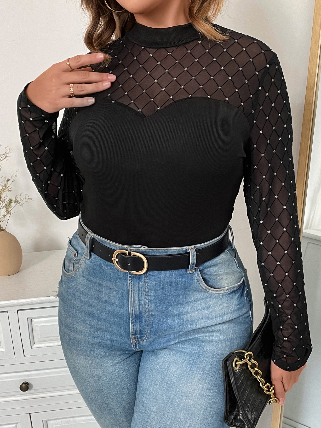 Shein Privé Plus Rhinestone Mesh Insert Mock Neck Bodysuit Shein Usa