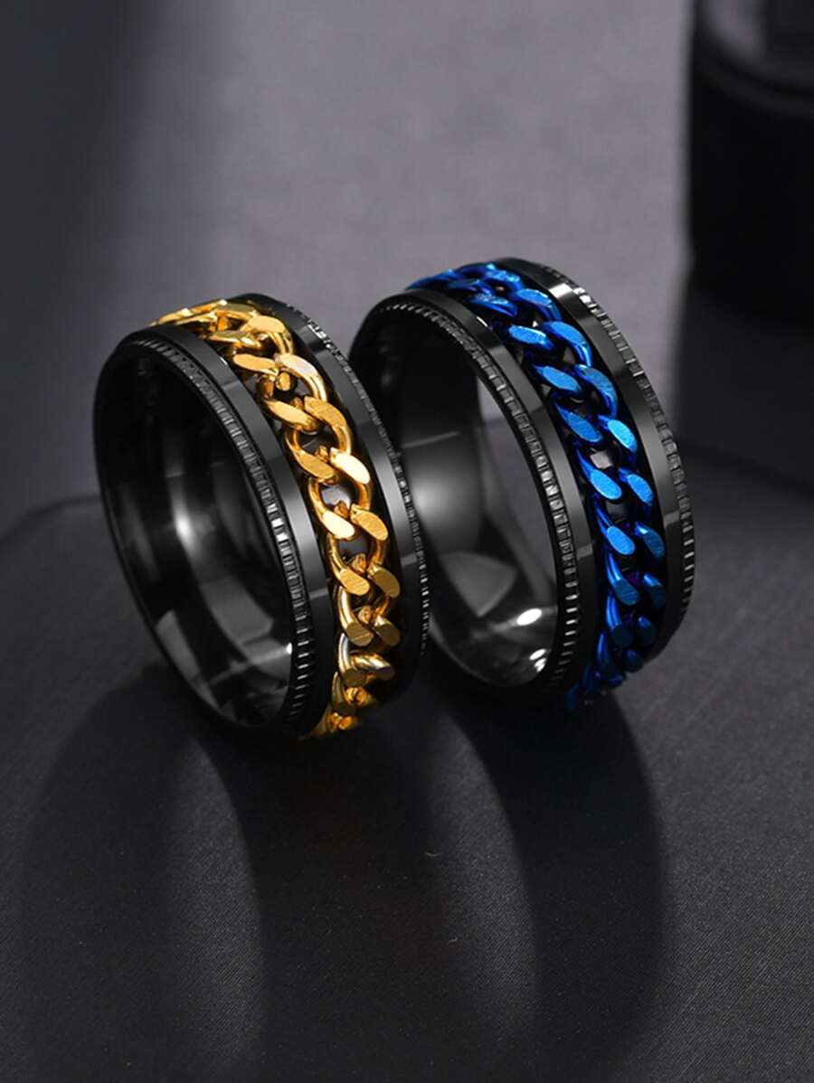 Fashionable and Popular 4pcs/set Men Chain Decor Ring Stainless Steel Punk Hip Pop Style for ...