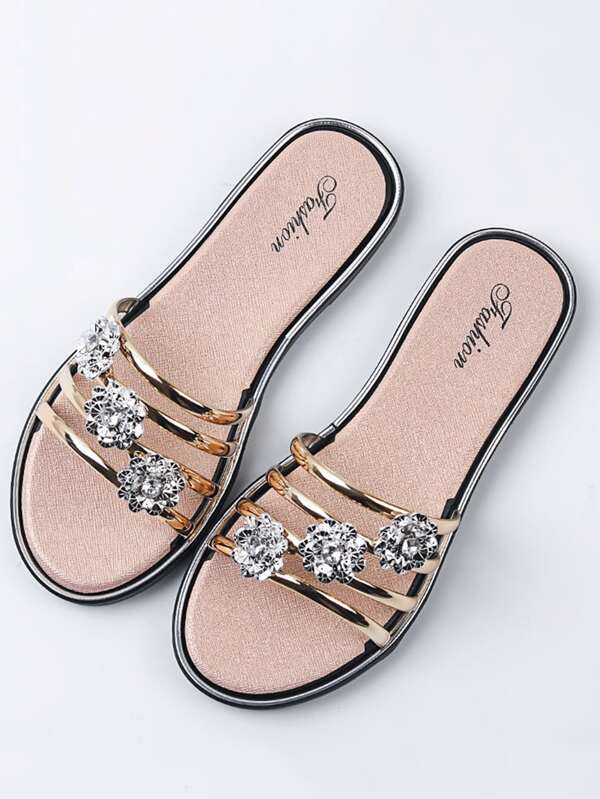 Women Rhinestone Decor Metallic Slides Glamorous Outdoor Slides | SHEIN USA