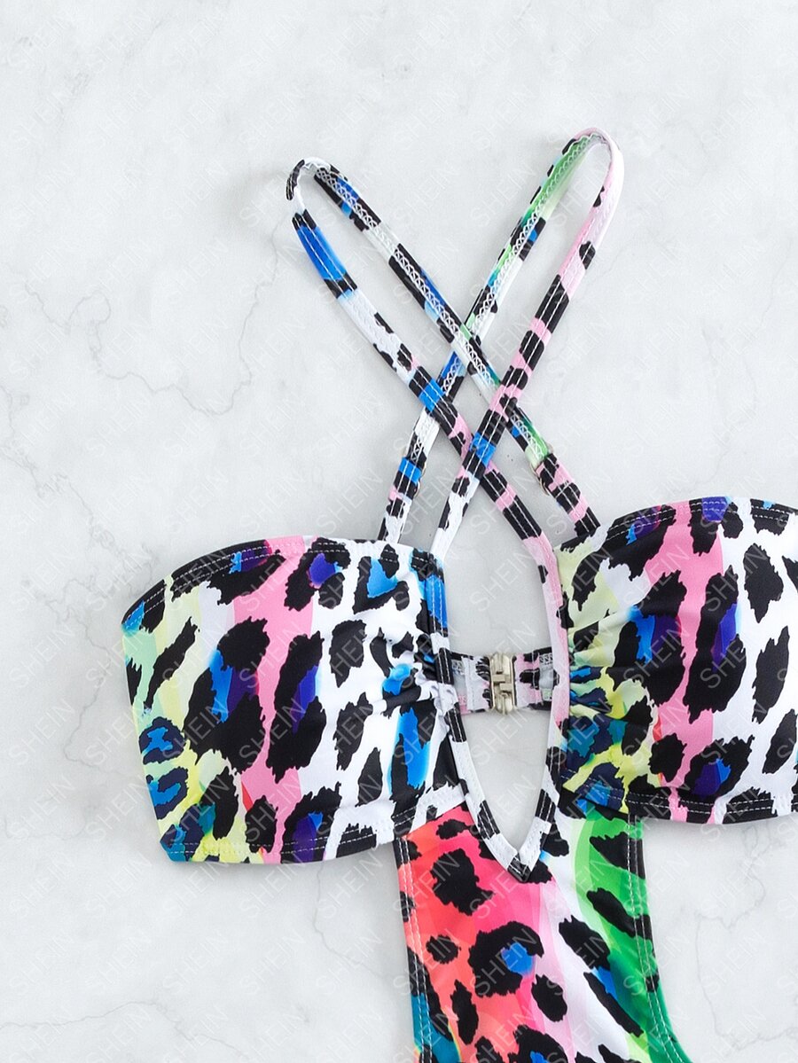 Shein Swim Vcay Leopard Cut Out Criss Cross Halter One Piece Swimsuit