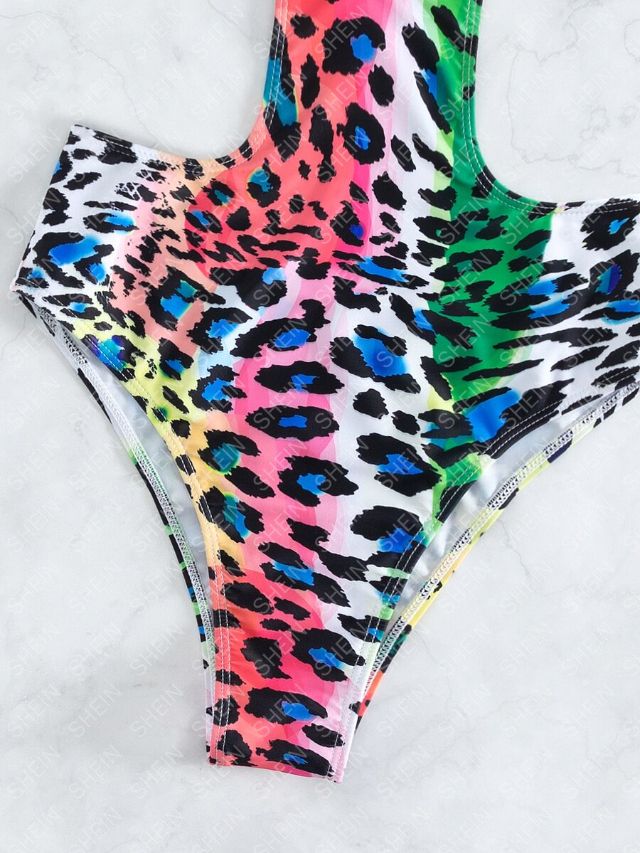 Shein Swim Vcay Leopard Cut Out Criss Cross Halter One Piece Swimsuit