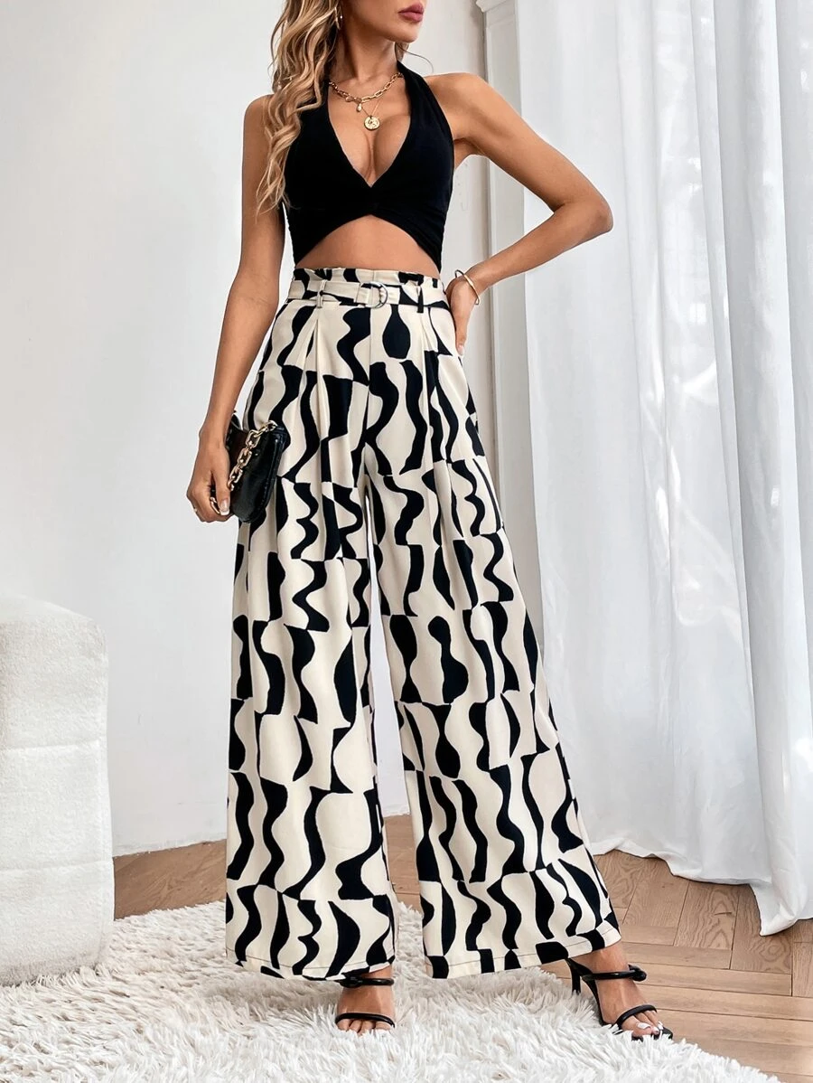 SHEIN Privé Allover Print Wide Leg Pants | SHEIN USA