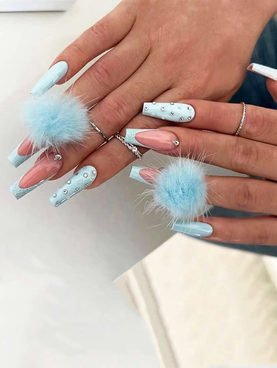 Transform Your Nails With 24pcs Long Coffin Y2k Blue Glitter Bling&3D ... Transform Your Nails With 24pcs Long Coffin Y2k Blue Glitter Bling&3D ...
