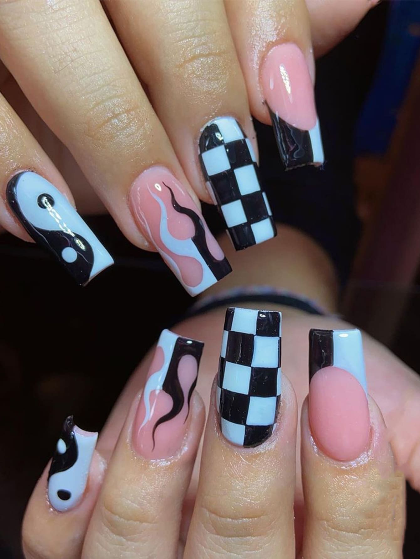 Transformar Teu Unhas Com 24 Peças Comprido Coffin Preto E Branco