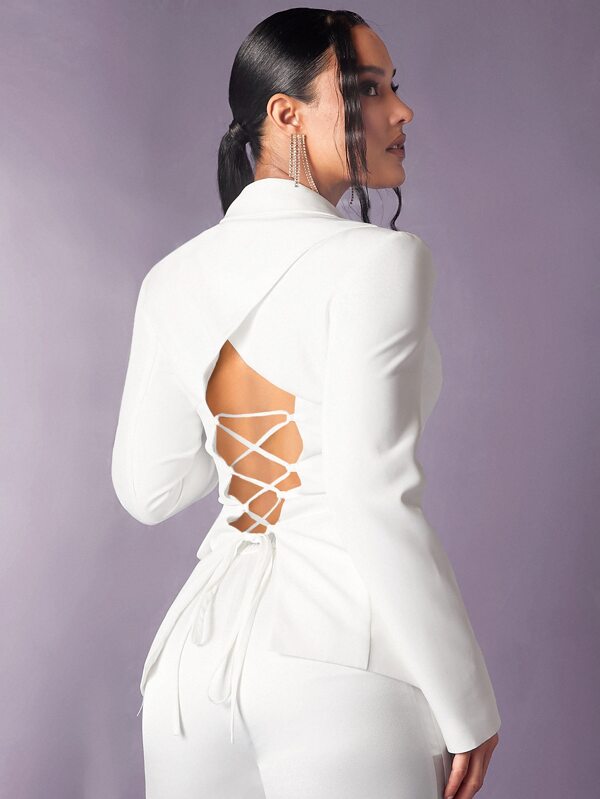 SHEIN BAE Solid Lace Up Backless Lapel Collar Blazer | SHEIN USA