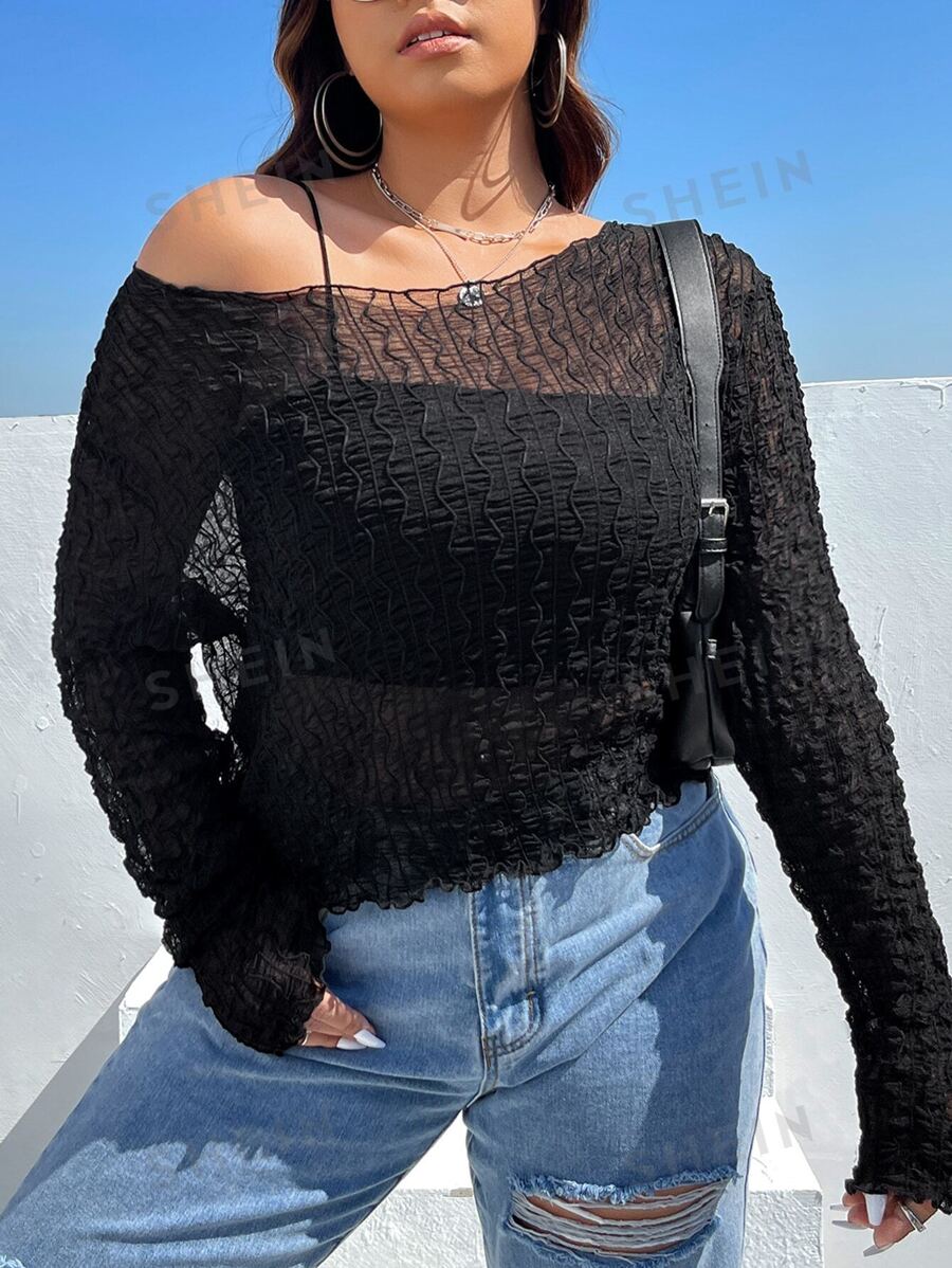 SHEIN EZwear Plus Lettuce Trim Sheer Top Without Bra | SHEIN UK