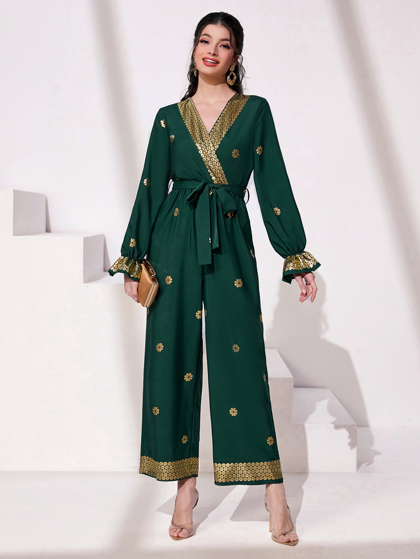 SHEIN Najma Gold Floral Print Flounce Sleeve Belted Jumpsuit | SHEIN USA
