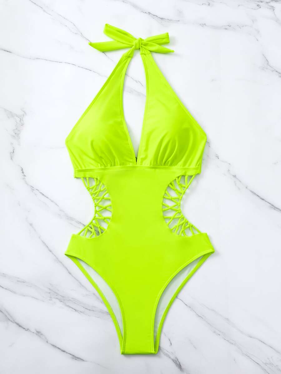SHEIN Swim Summer Beach Cut Out Halter Neon One Piece Swimsuit Bathing ...