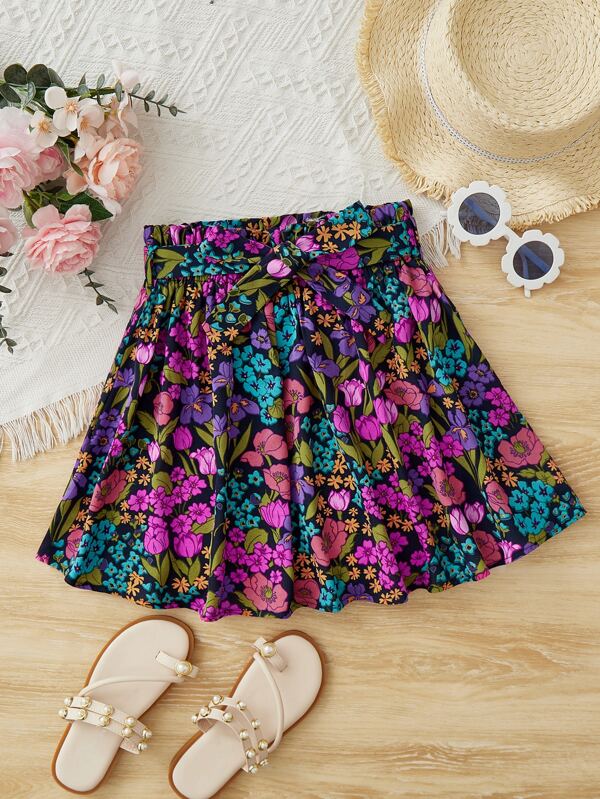 SHEIN Kids SUNSHNE Girls Floral Print Belted Flare Skirt | SHEIN USA