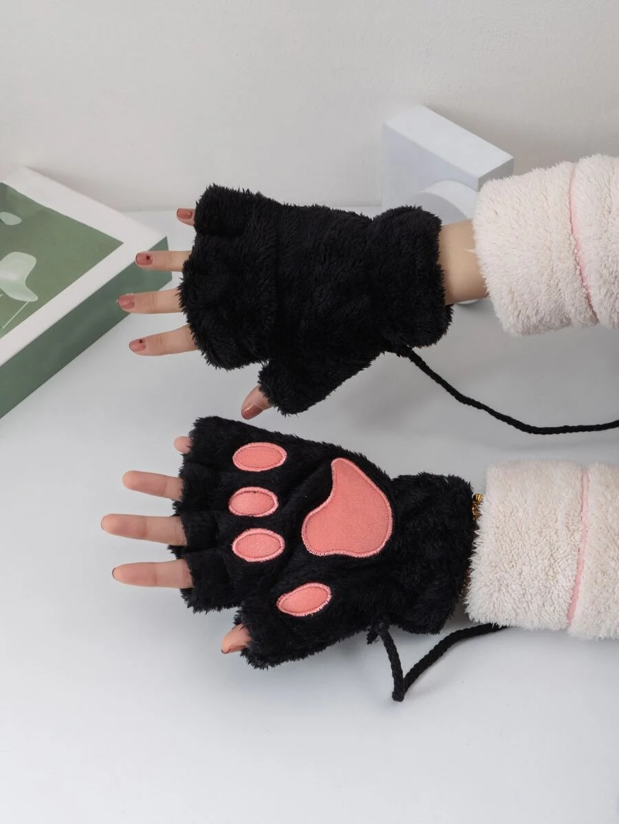 Cute Paw Design Fuzzy Fingerless Gloves | SHEIN USA
