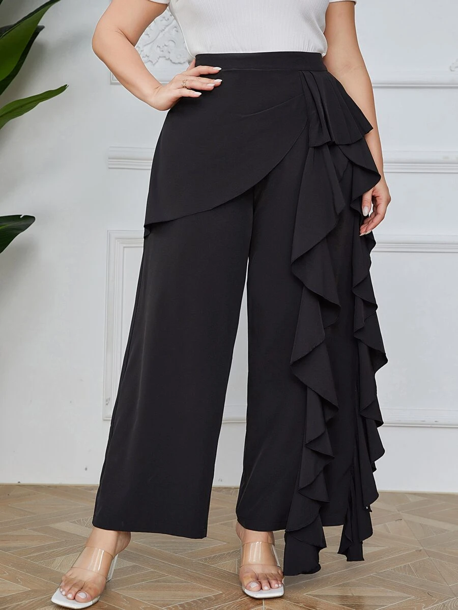 Mulvari Plus Ruffle Trim Wide Leg Pants | SHEIN USA