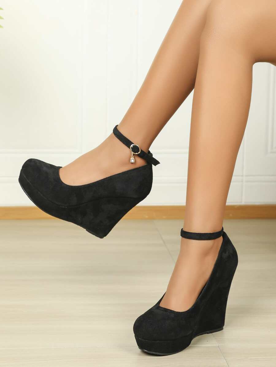 Women Ankle Strap Wedges Elegant Black Faux Suede Court Wedges | SHEIN USA