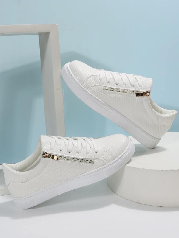 Women Zipper Detail Snakeskin Embossed Lace-up Front Casual Shoes ...
