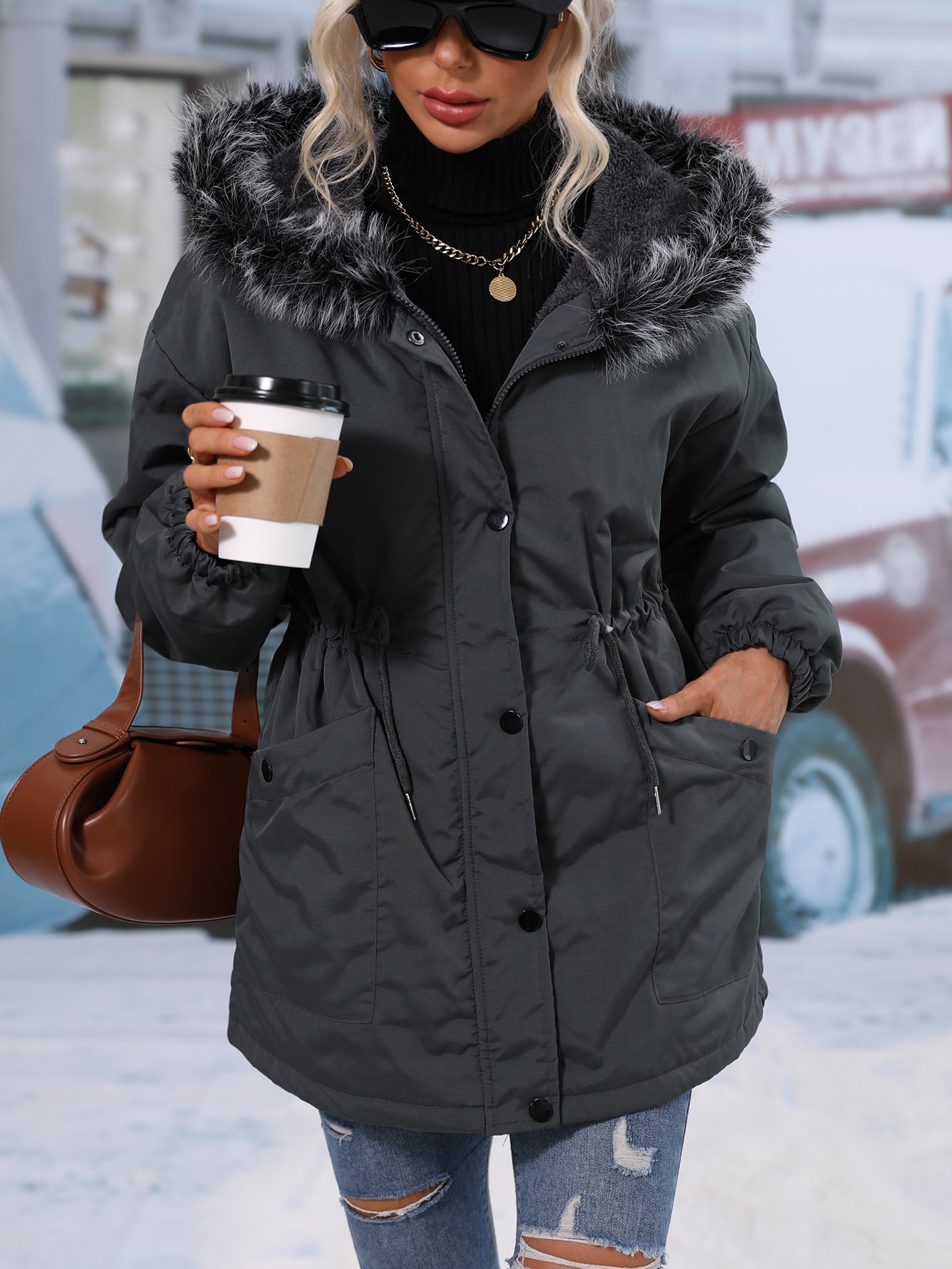 SHEIN LUNE Drawstring Waist Fuzzy Trim Hooded Parka Coat | SHEIN USA