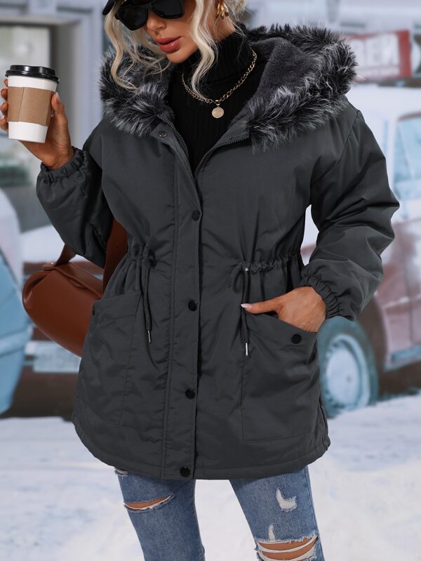 SHEIN LUNE Drawstring Waist Fuzzy Trim Hooded Parka Coat | SHEIN USA