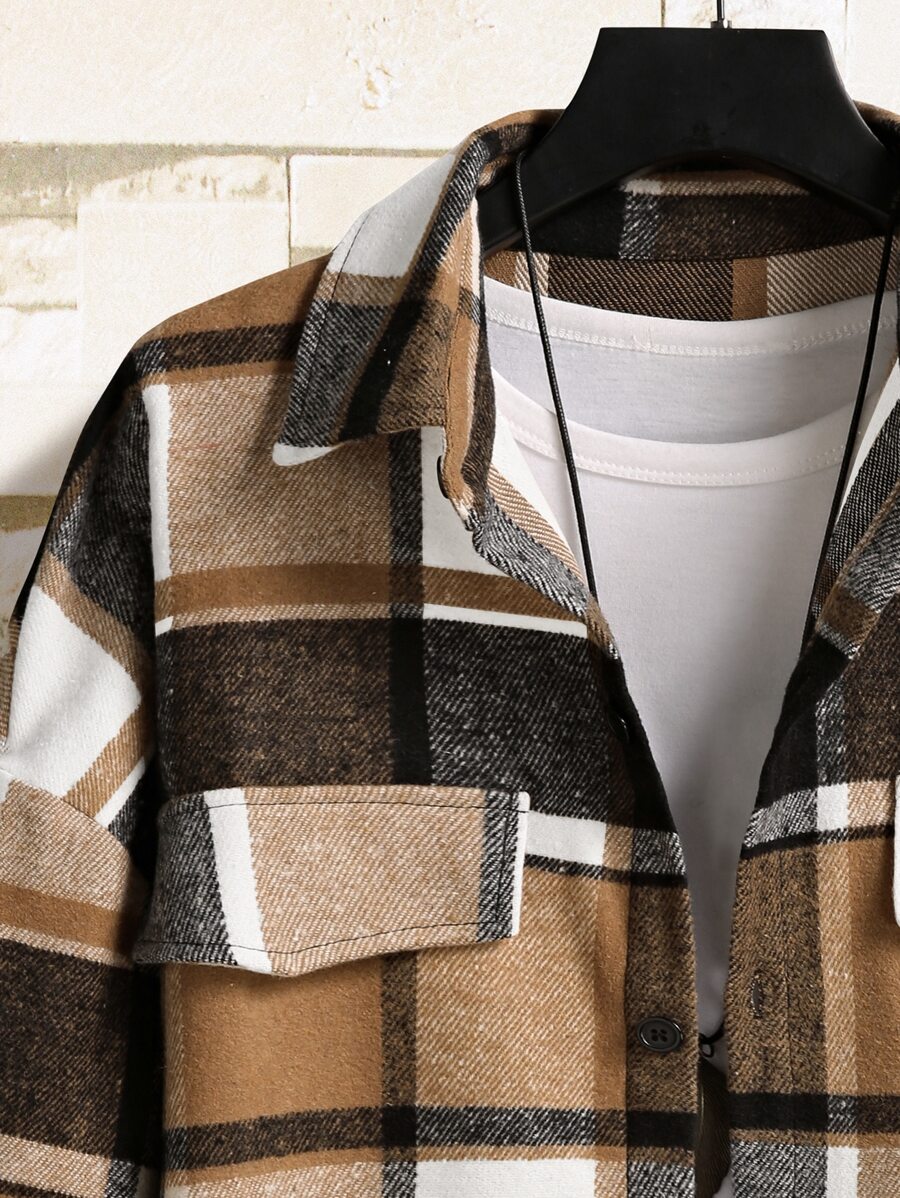 Manfinity Homme Loose Fit Men's Plaid Overcoat With Flap Detail And Drop Shoulders, Without T ...