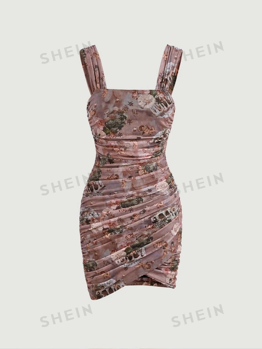 SHEIN MOD Angel & Floral Print Ruched Bodycon Dress | SHEIN UK