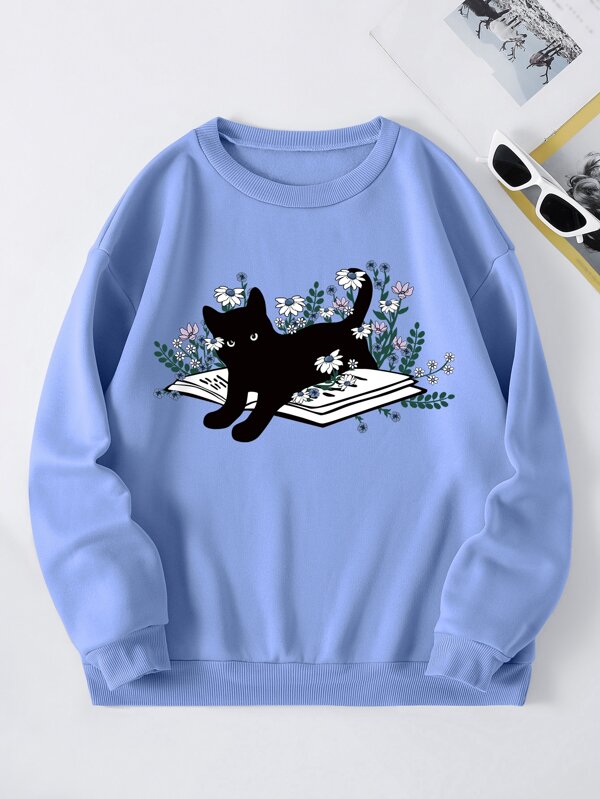 SHEIN EZwear Cartoon Cat Print Thermal Lined Sweatshirt | SHEIN USA