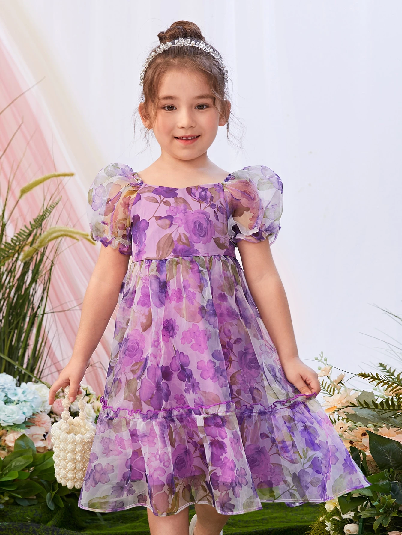 SHEIN Young Girl Floral Print Puff Sleeve Ruffle Hem Dress | SHEIN USA