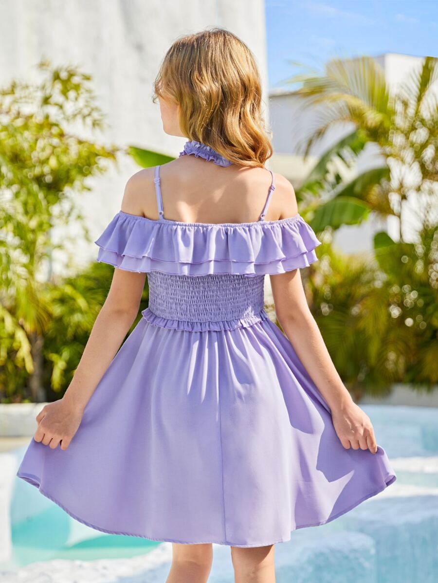 SHEIN Teen Girls Cold Shoulder Shirred Ruffle Trim Dress With Choker ...