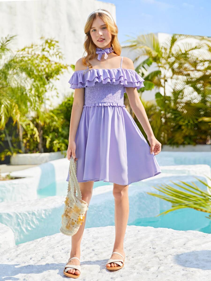 SHEIN Teen Girls Cold Shoulder Shirred Ruffle Trim Dress With Choker ...