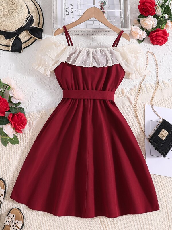 SHEIN Kids CHARMNG Girls Cold Shoulder Ruffle Trim Belted Dress | SHEIN UK