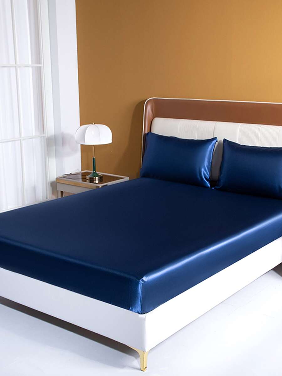 1pc Plain Satin Fitted Sheet, Minimalist Fabric Fitted Bottom Sheet For ...