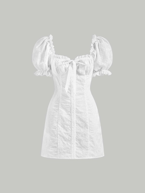 Shein Mod Sweetheart Neck Puff Sleeve Knot Front Ruched Bust Frill Trim