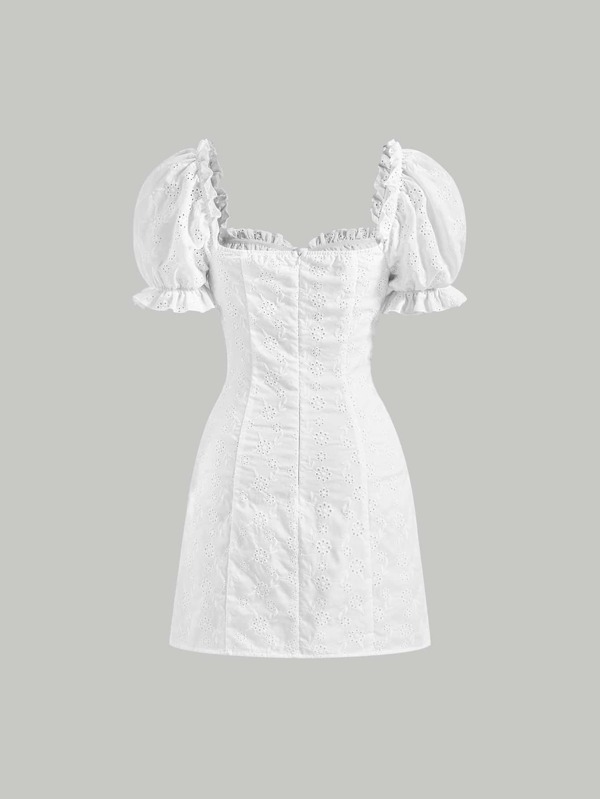 Shein Mod Sweetheart Neck Puff Sleeve Knot Front Ruched Bust Frill Trim