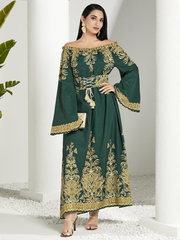 SHEIN Modely Gold Floral Print Off Shoulder Trumpet Sleeve Corset Dress ...