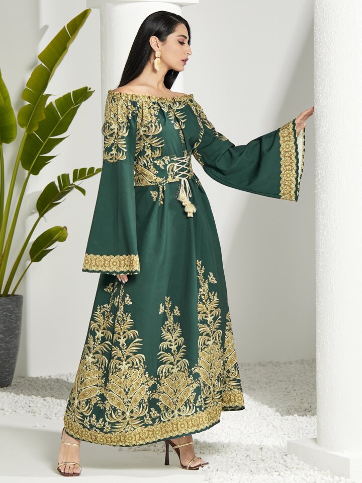 SHEIN Modely Gold Floral Print Off Shoulder Trumpet Sleeve Corset Dress ...