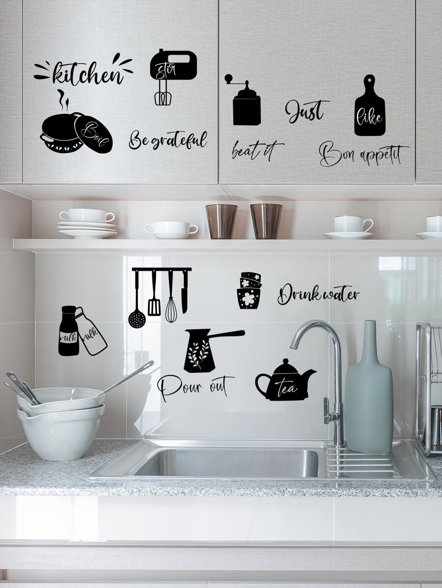 1pc PVC Kitchen Sticker, Cartoon Kitchenware Pattern Black Decorative ...