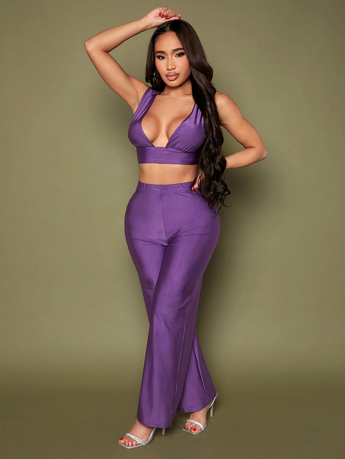 Shein Sxy Plunge Neck Crop Tank Top And Wide Leg Trousers Shein Uk