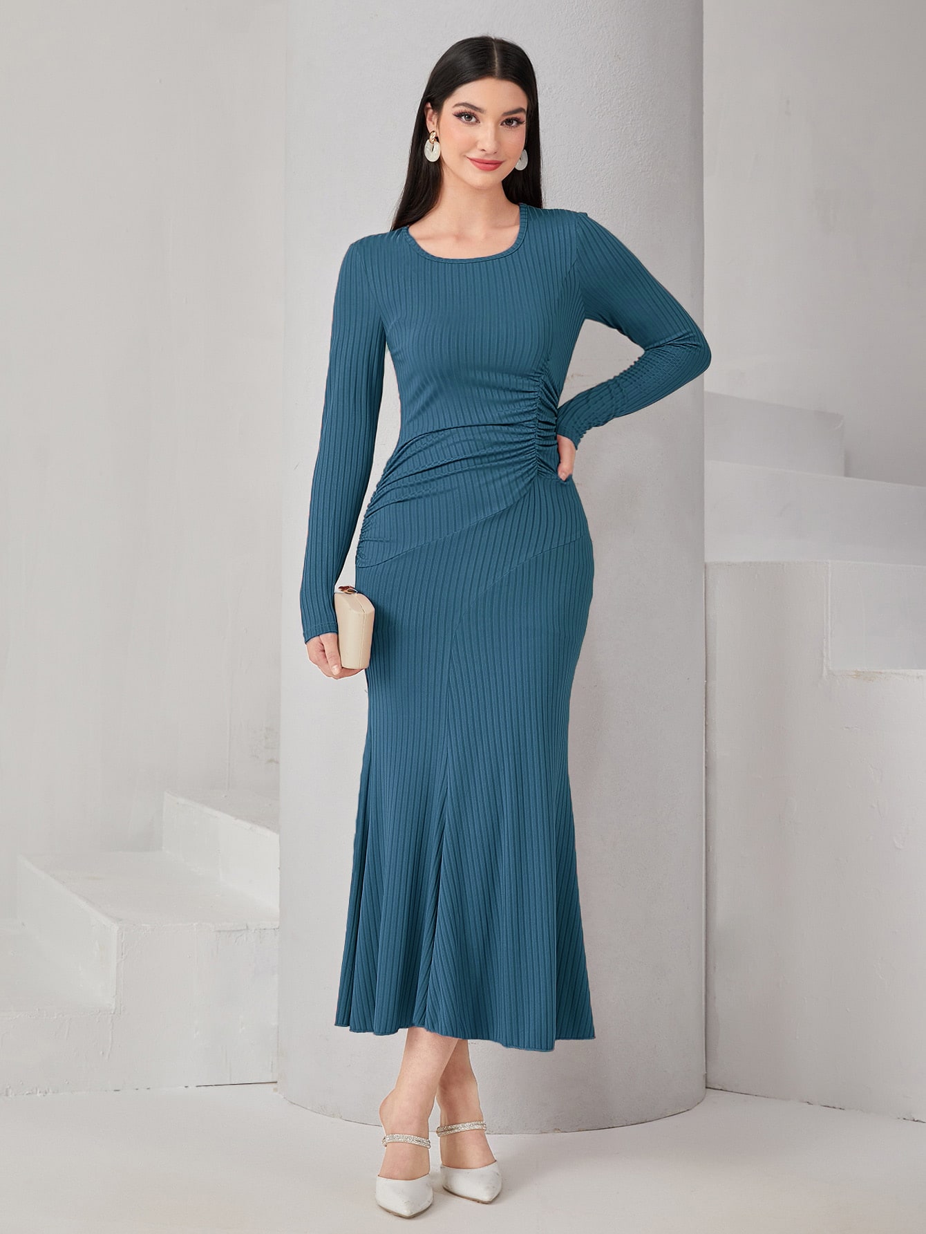 Shein Modely Solid Ruched Mermaid Hem Dress | Shein Usa