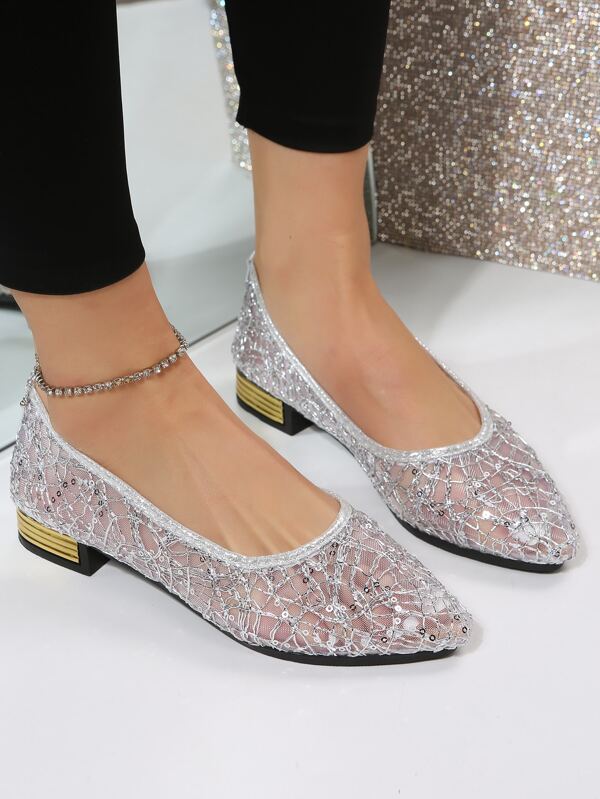 Glamorous Silver Ballet Shoes Women Sequins Decor Mesh Panel Point Toe ...