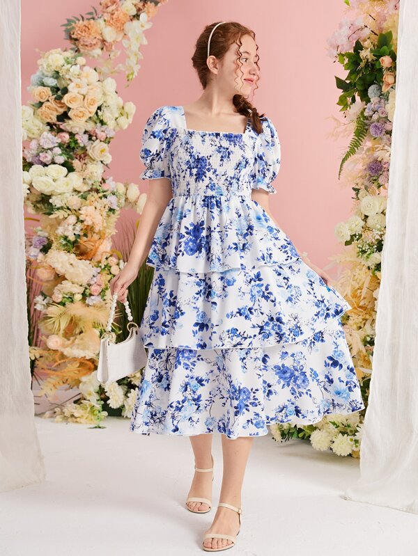 SHEIN Fille Adolescente Robe Imprimé Floral À Col Carré Manches ...