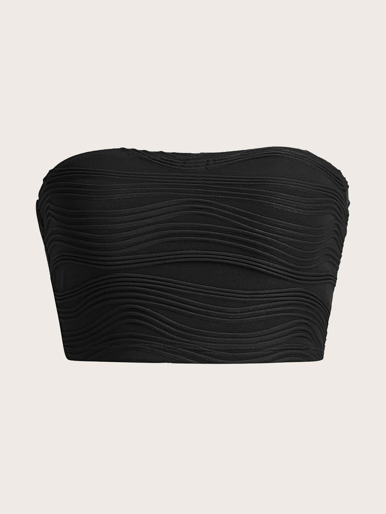 Shein Ezwear Summer Black Solid Textured Crop Tube Top Strapless Top