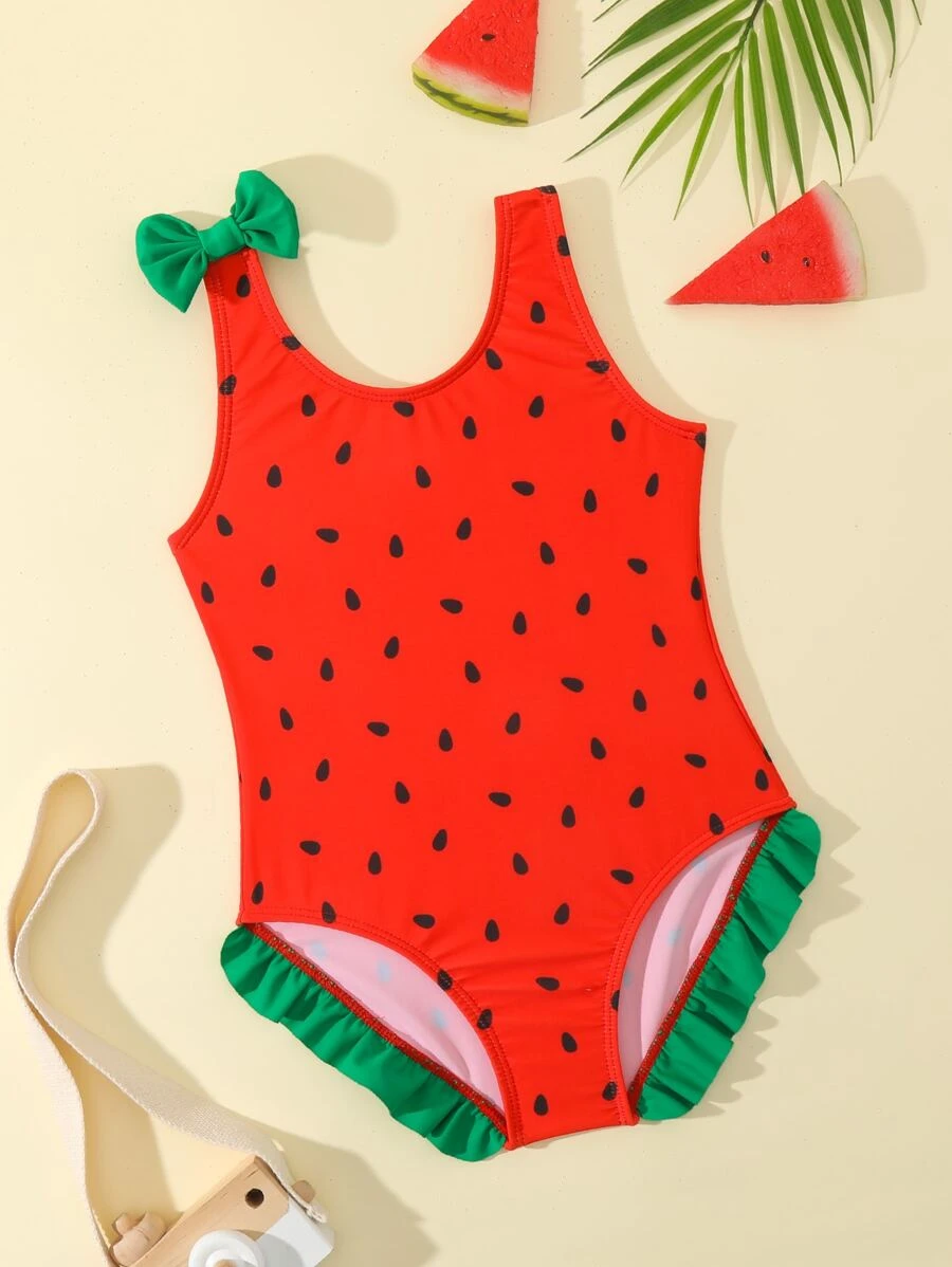 Young Girl Watermelon Print Bow Decor One Piece Swimsuit | SHEIN UK
