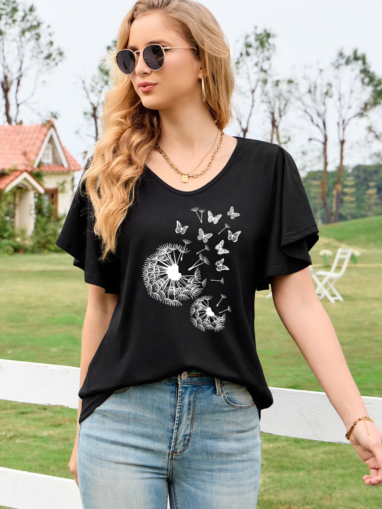 SHEIN LUNE Butterfly & Dandelion Print Butterfly Sleeve Tee | SHEIN UK