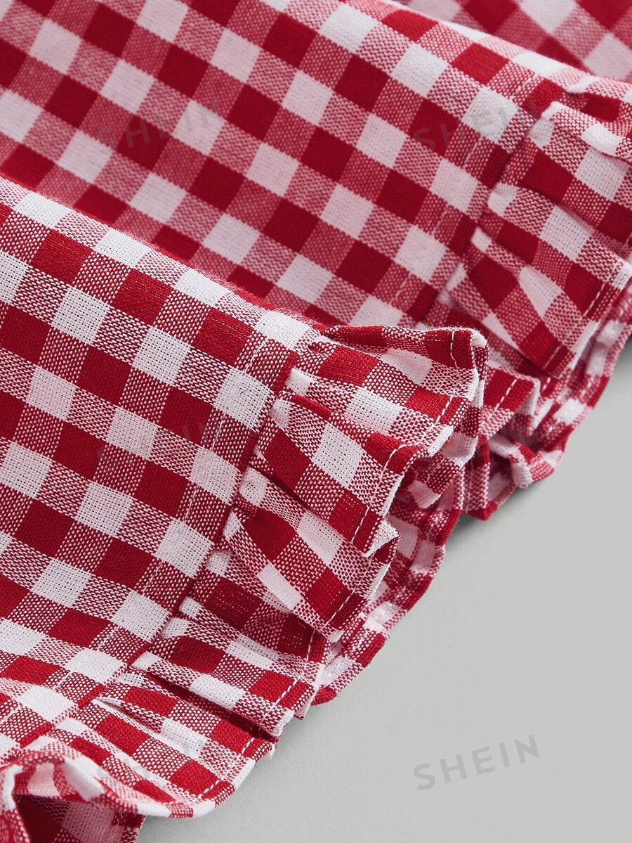 SHEIN MOD Gingham Print Ruched Bust Frill Trim Crop Top | SHEIN UK
